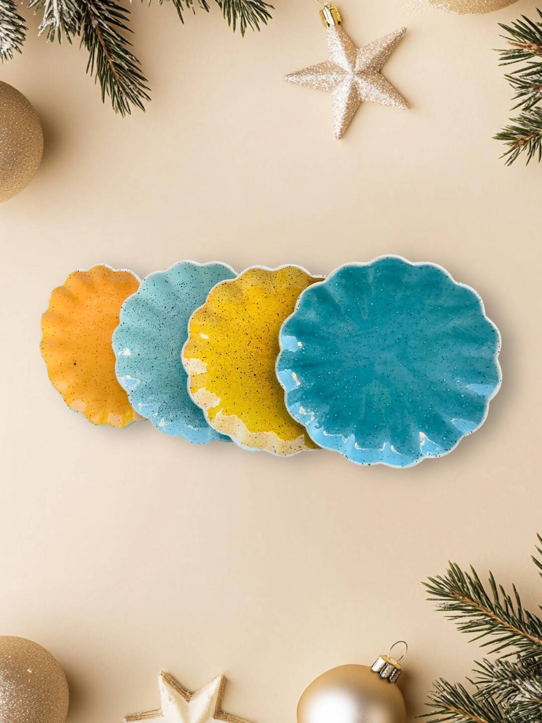 Set of 4 Ceramic Flower-shaped Dessert Plates in Stoneware, Handmade ...