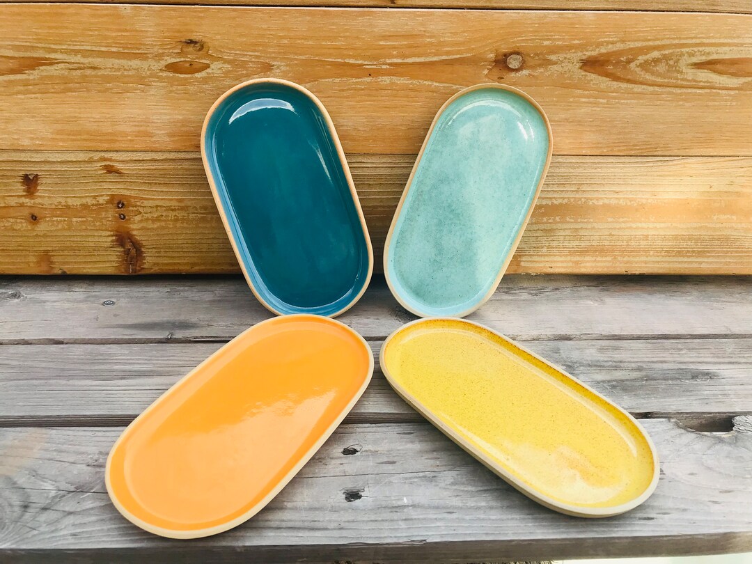 Set of 4 Small Rectangular Flat Plates Rounded Corners Sandstone Bean ...