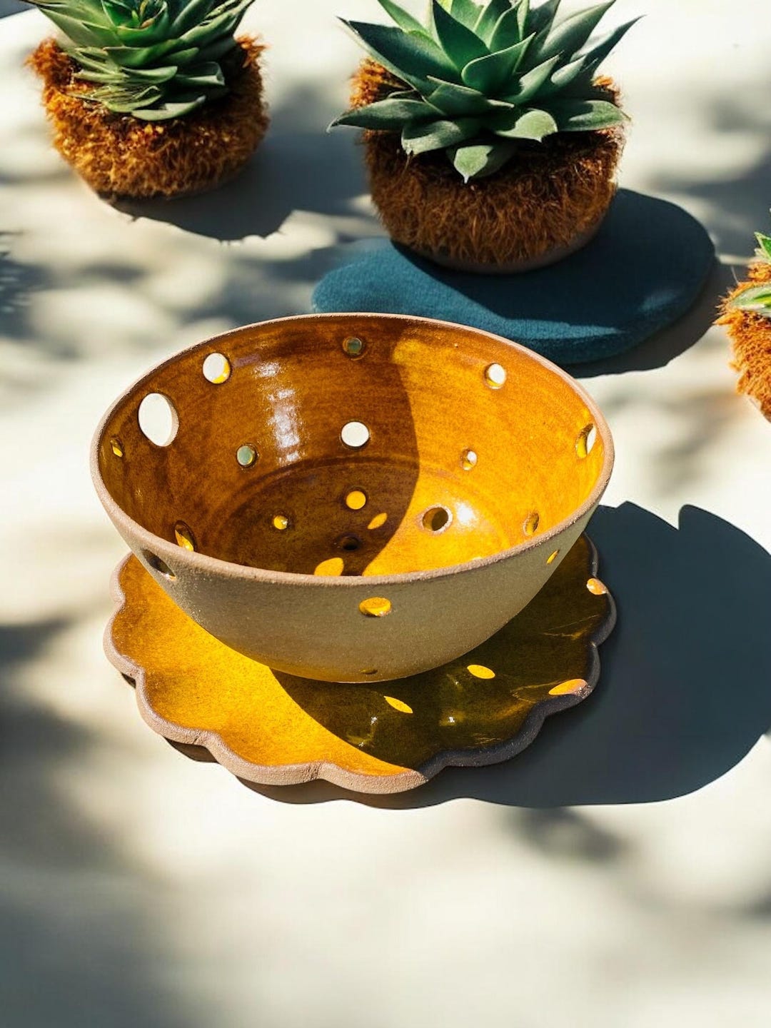 Ceramic Hand Strainer Set With Plate Bowl Shape Handmade Pottery ...