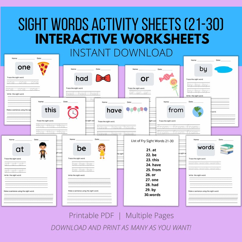 Sight Words Activity Cards (21-30) - Etsy