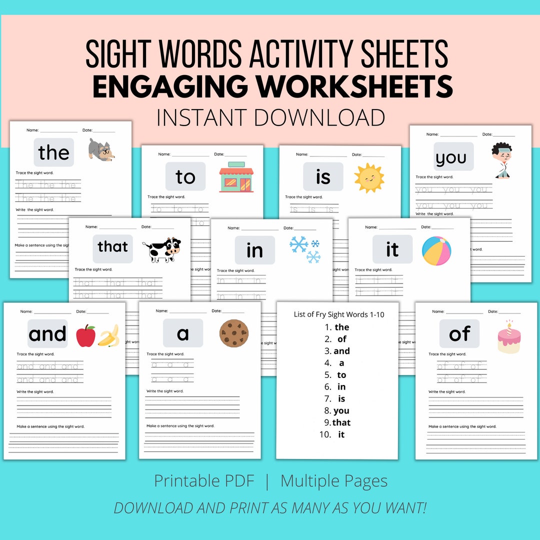 Sight Words Activity Sheets Fry List (1-10) - Etsy