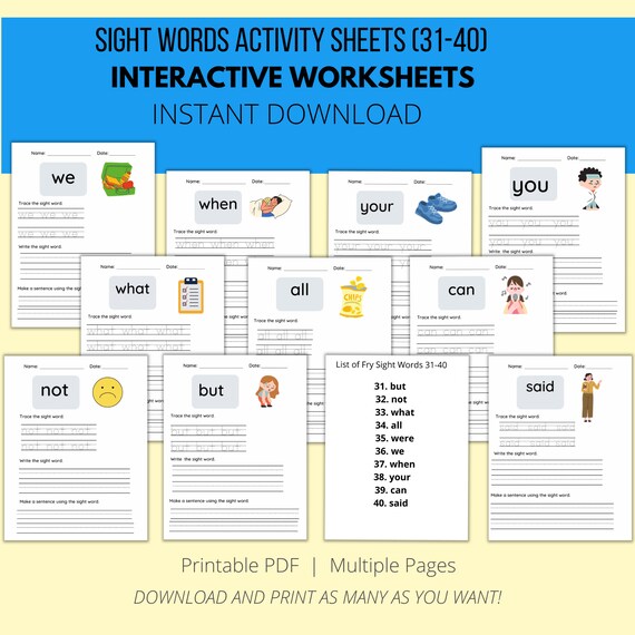 Sight Words Activity Sheets Words 31-40 - Etsy