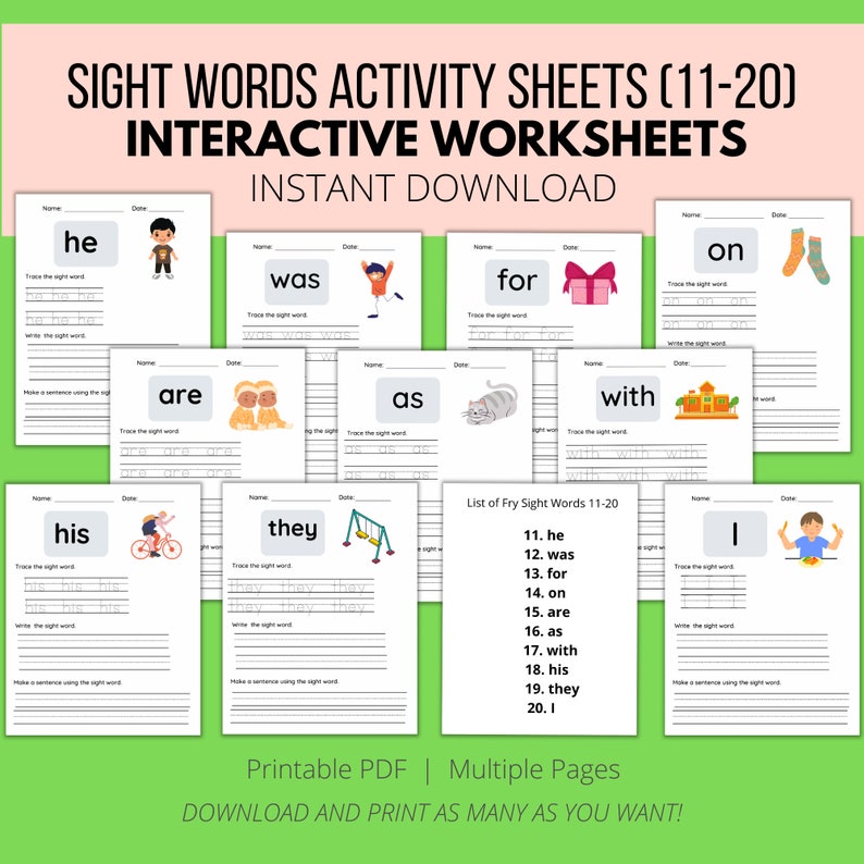 Sight Words Activity Sheets Fry List (11-20) - Etsy