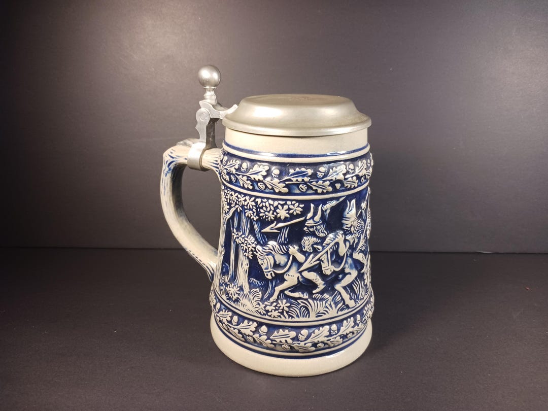 Original Gerzit Gerz German Beer Stein Hunters on Horseback W Pewter ...