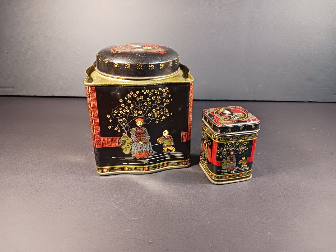 Vintage Hong Kong Black Metal Tin Set - Asian Oriental Decor Vanity ...