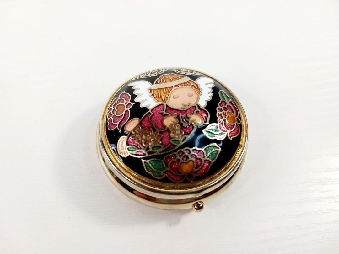 Cloisonné Angel Pill Box – Round Gold Keepsake Box With 3 Compartments ...