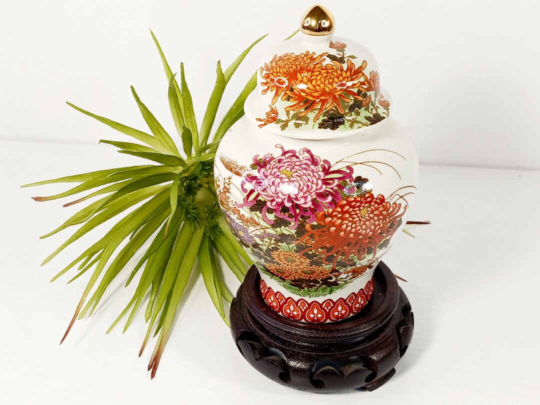 Shibata Miniature Ginger Jar With Stand- Japan Hand Painted Floral ...