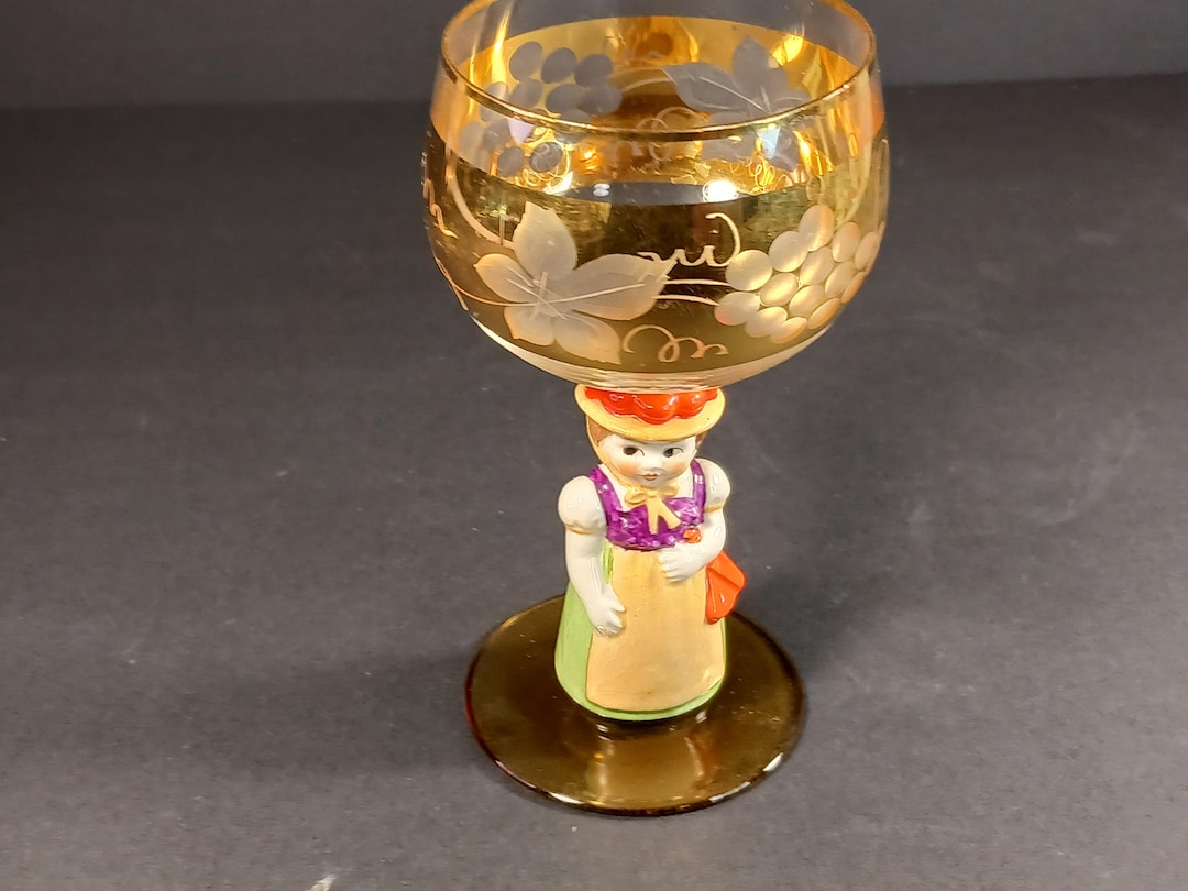 1960s Goebel Hummel Woman Wine Glass – Gold Etched Grapevine Stemware ...