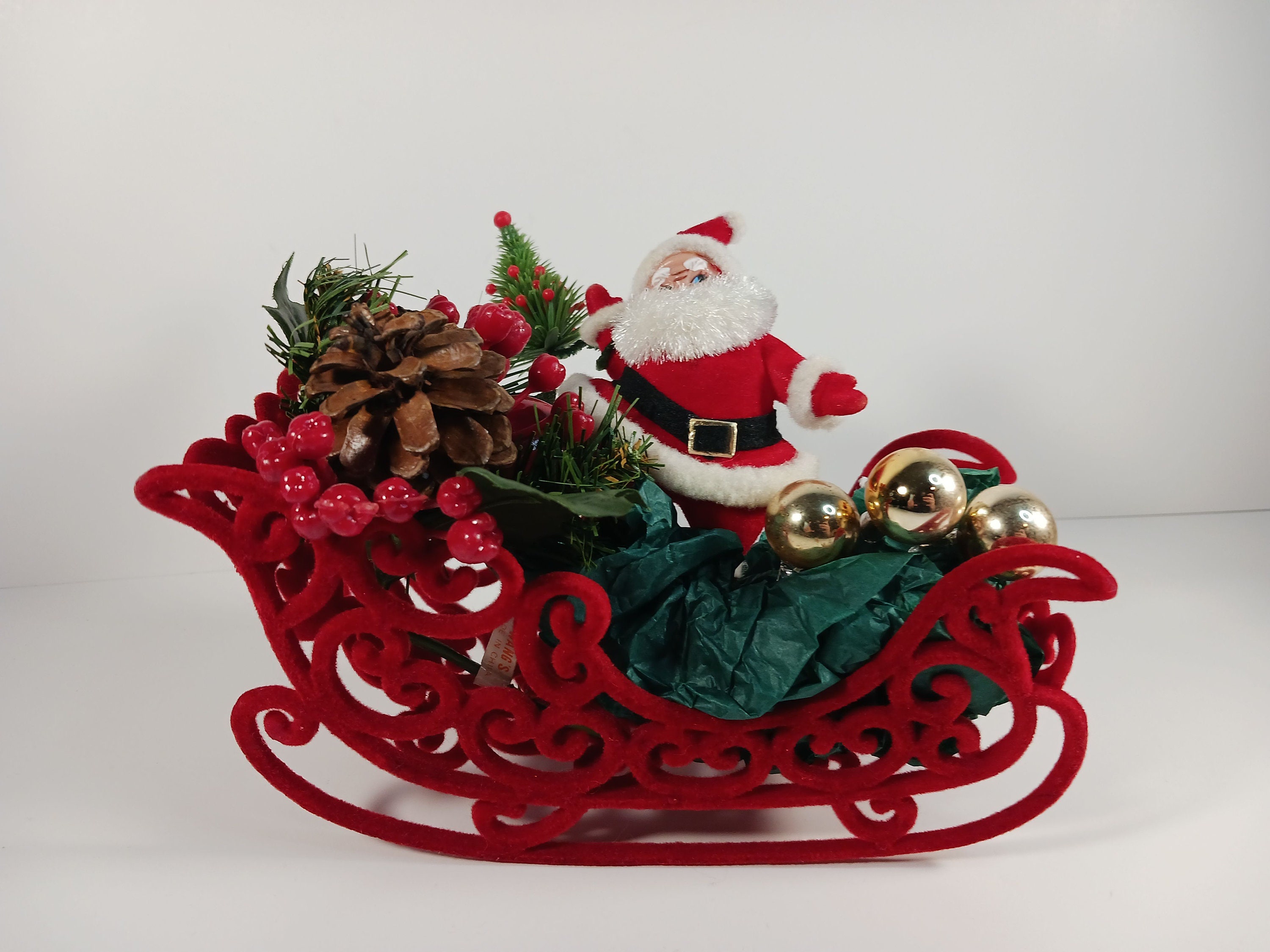 Charming Vintage Plastic Santa in Flocked Sleigh With Poinsettia ...