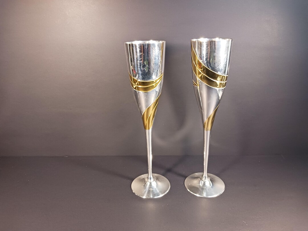 Etched Silver Plated Champagne Flutes With Gold Tone Designs Vintage ...