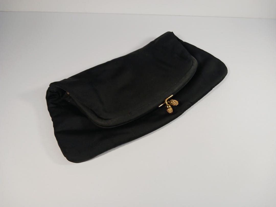 Ingber Black Cloth Clutch Purse With Rhinestone Silvertone Acorn Clasp ...