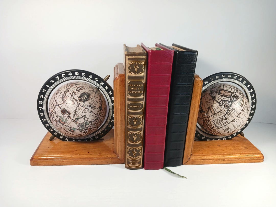 Vintage Spinning Globe Wooden Bookends -office Decor-travel Library ...