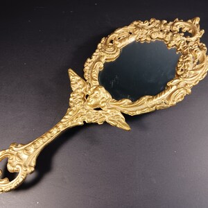Antique Hand Mirror Gilded Cast Iron Art Cherub Hand Mirror Gold Tone ...