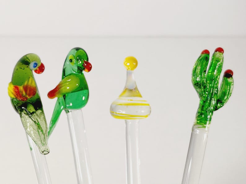 Art Glass Swizzle Sticks - Parrot, Cactus, Pawn - Handcrafted Cocktail ...