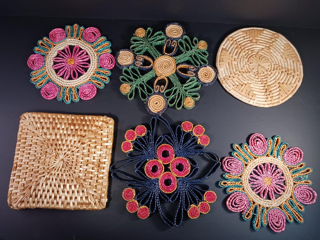 70s Raffia Woven Straw Rattan Wicker Trivets - Set of 6 Bohemian Style ...