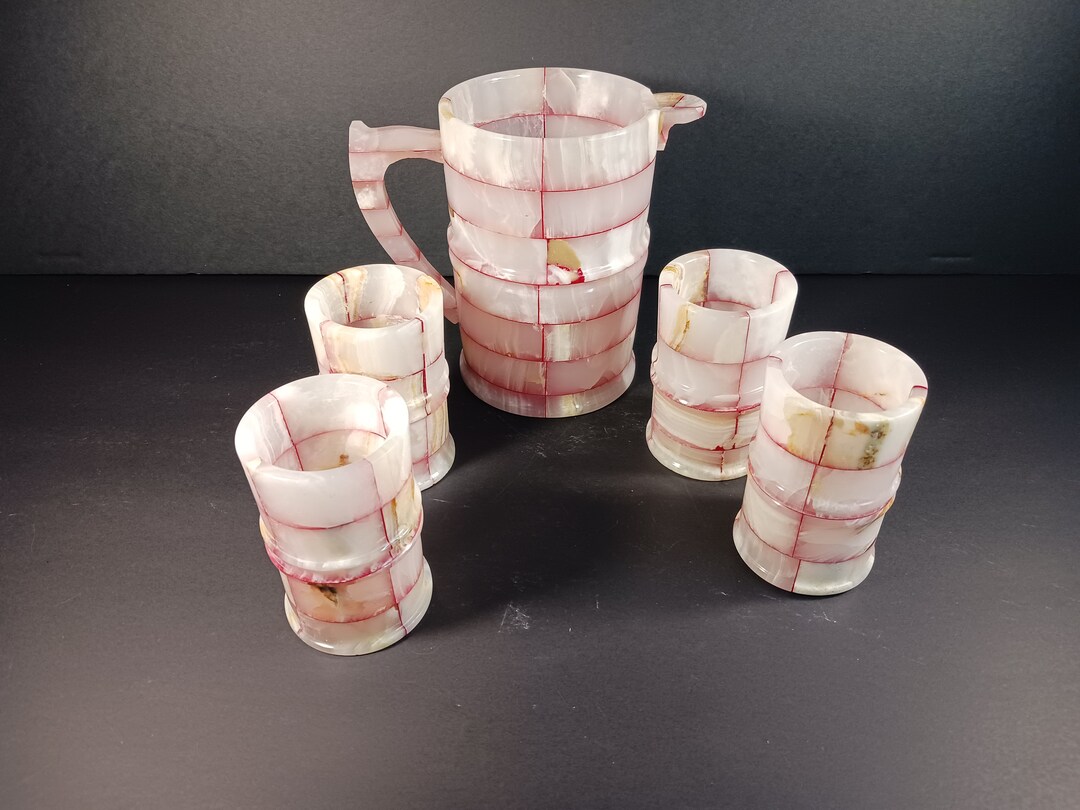 Vintage Pink Stone Pitcher Set Pink Onyx Stone Pitcher Set With 4 Cups ...