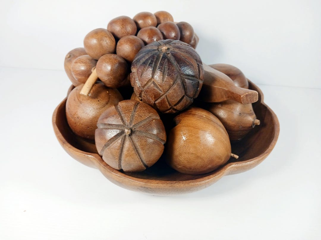 Hand-carved Wooden Fruit Set With Bowl – 12 Piece Decorative Wood Fruit ...