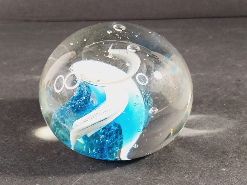 Vintage Art Glass Paperweight – Blue and White Swirl in Clear Orb ...