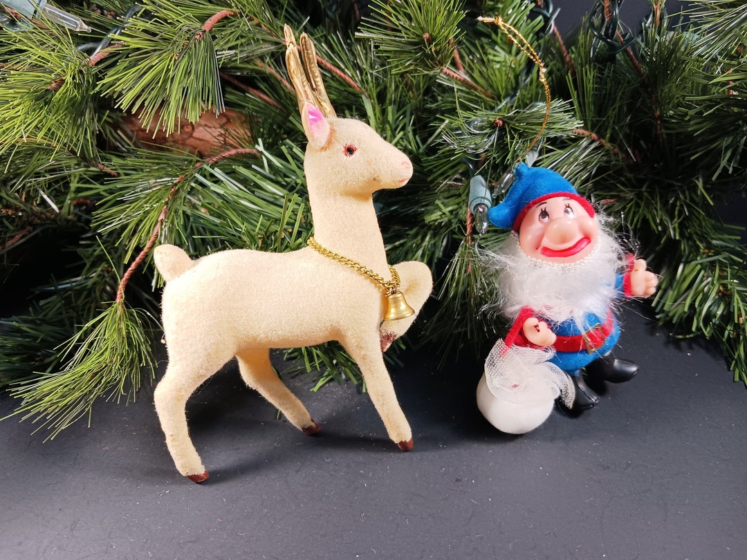 Vintage Christmas Decor-white Flocked Christmas Reindeer and Blue ...