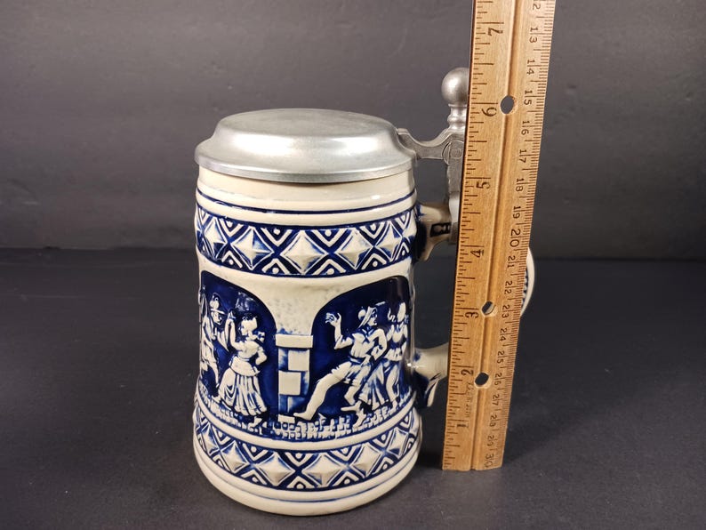 German Zinn Lidded Tankard Gray Background Blue Dancing Couples Raised ...
