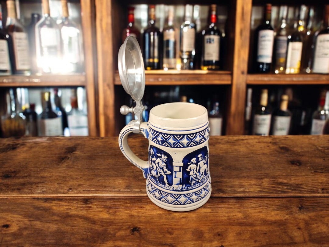 German Zinn Lidded Tankard Gray Background Blue Dancing Couples Raised ...