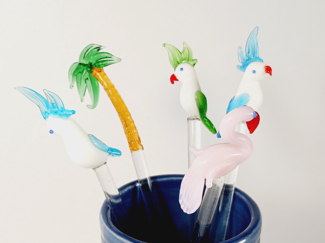 Set of 5 Assorted Art Glass Swizzle Sticks – Parrots, Flamingo and Palm ...