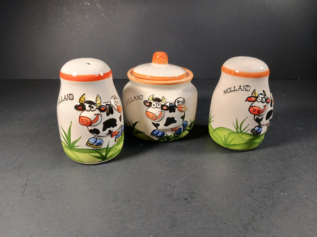 Vintage Holland Hand Painted Cow Condiment Set – 3 Piece Ceramic ...