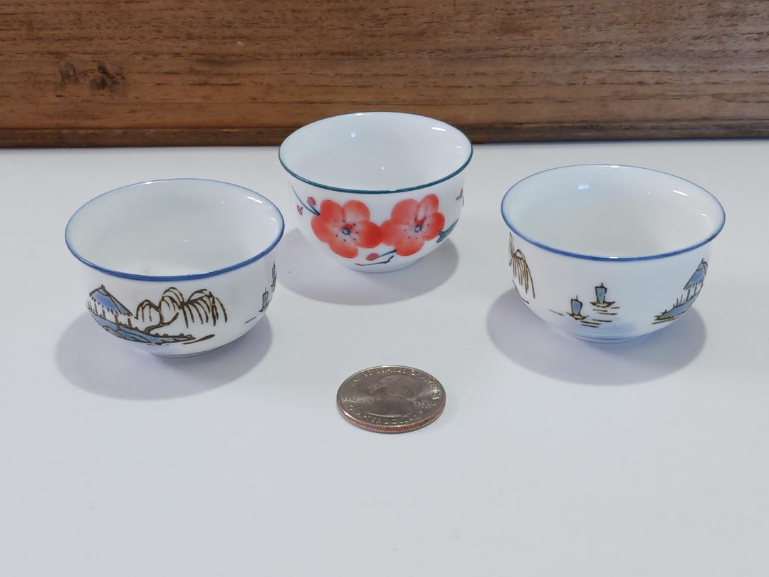 Set of 3 Vintage Sake Cups - Japanese Porcelain Cups With Floral and ...