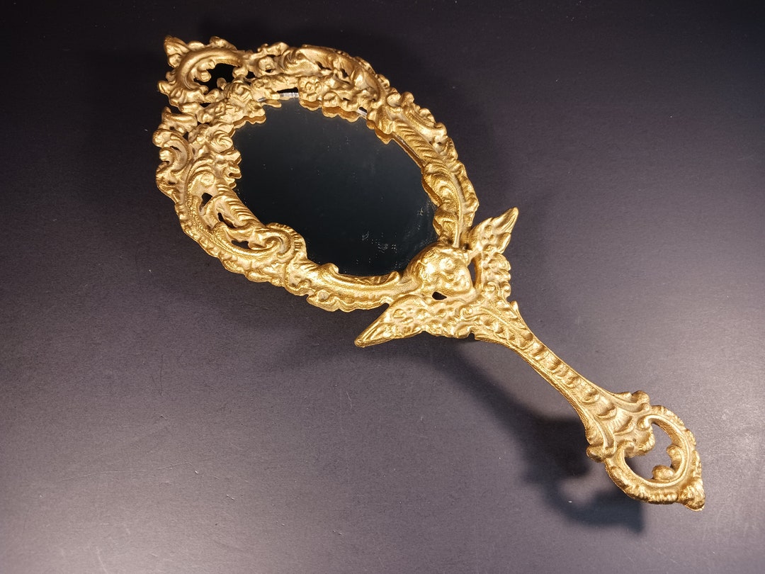 Antique Hand Mirror Gilded Cast Iron Art Cherub Hand Mirror Gold Tone ...
