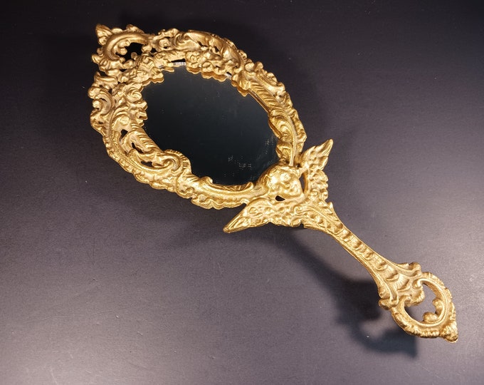 Antique Hand Mirror- Gilded Cast Iron Art Cherub Hand Mirror- Gold Tone ...