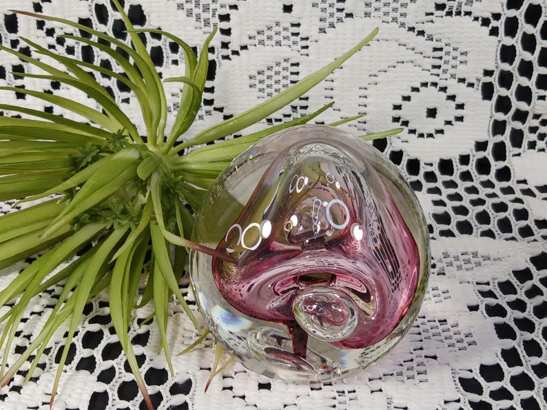 Rollin Karg Signed Art Glass Paperweight Pink Swirl Air Bubble Studio ...