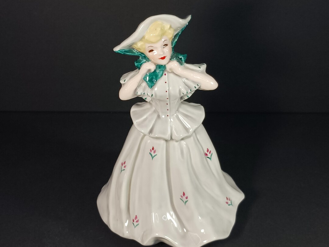 1952 Florence Ceramics "peg" Figurine- Gray Dress & Green Ribbon Bonnet ...