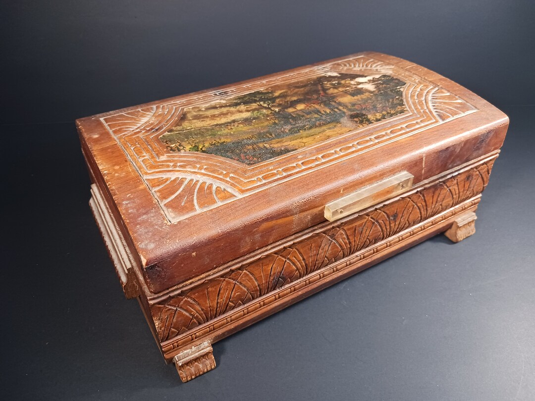 Vintage Cedar Box Carved Cedar Storage Box With Victorian Print ...