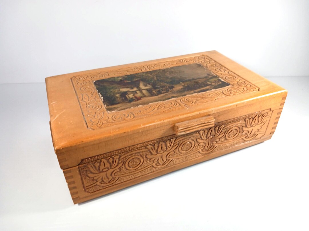 Carved Cedar Storage Box With Mirror -vintage Cedar Box - Jewelry Box ...