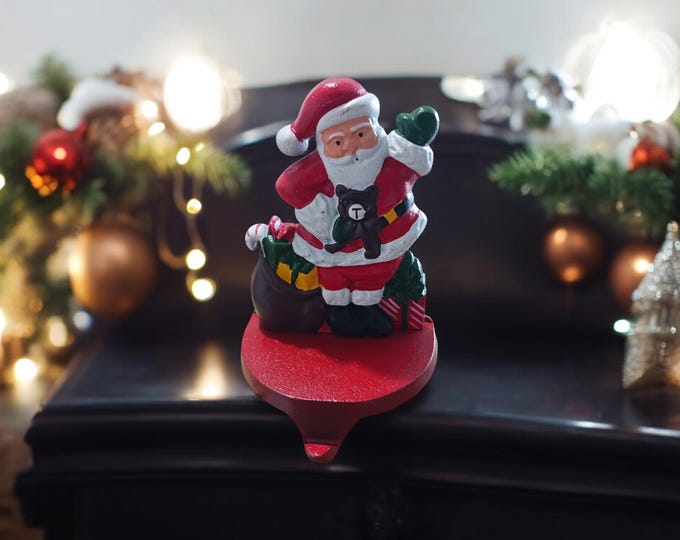 Cast Iron Santa With Gifts Stocking Hanger Vintage Christmas Mantel ...