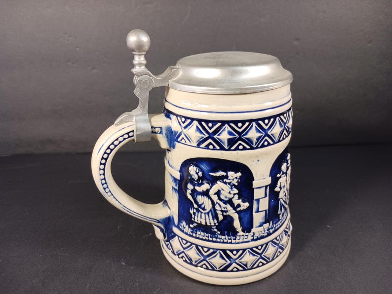 German Zinn Lidded Tankard Gray Background Blue Dancing Couples Raised ...