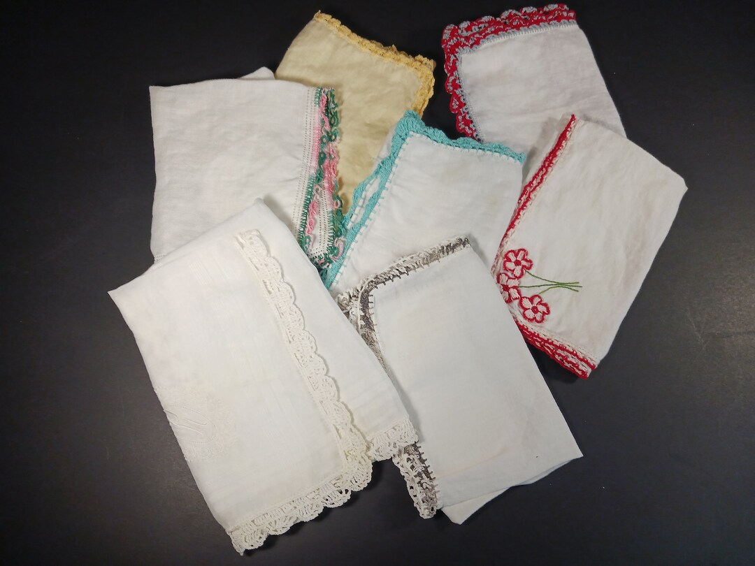 Crocheted Edge Hankey- Vintage Handkerchiefs- Vintage Fabric - Set of 7 ...