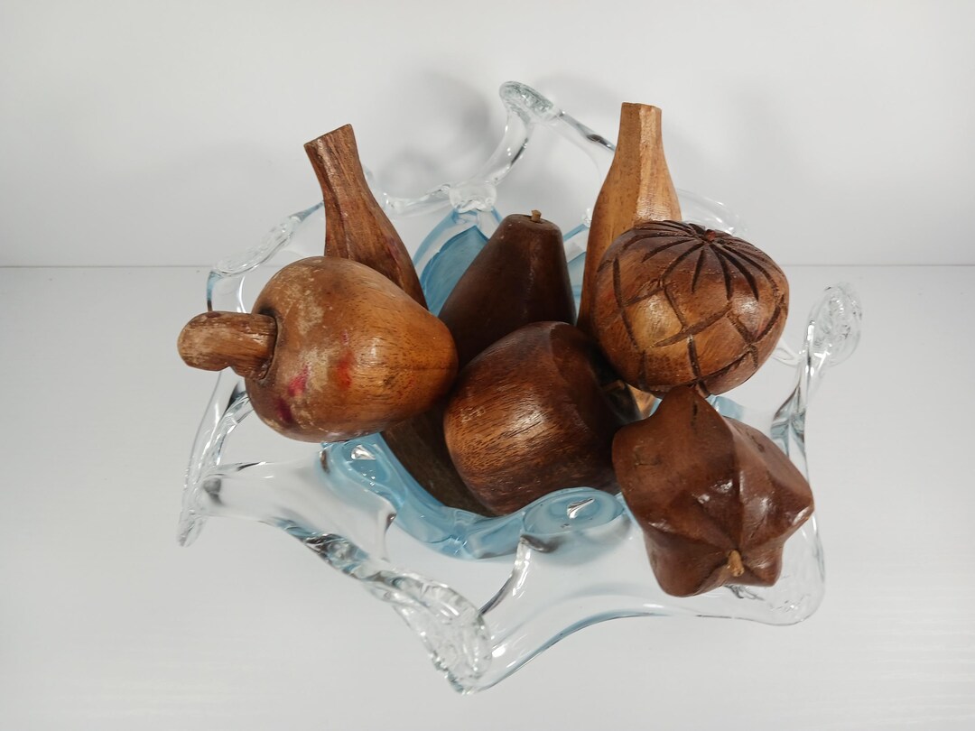 Vintage MCM Wooden Fruit Centerpiece-hand Carved Wooden Fruit Set -bowl ...