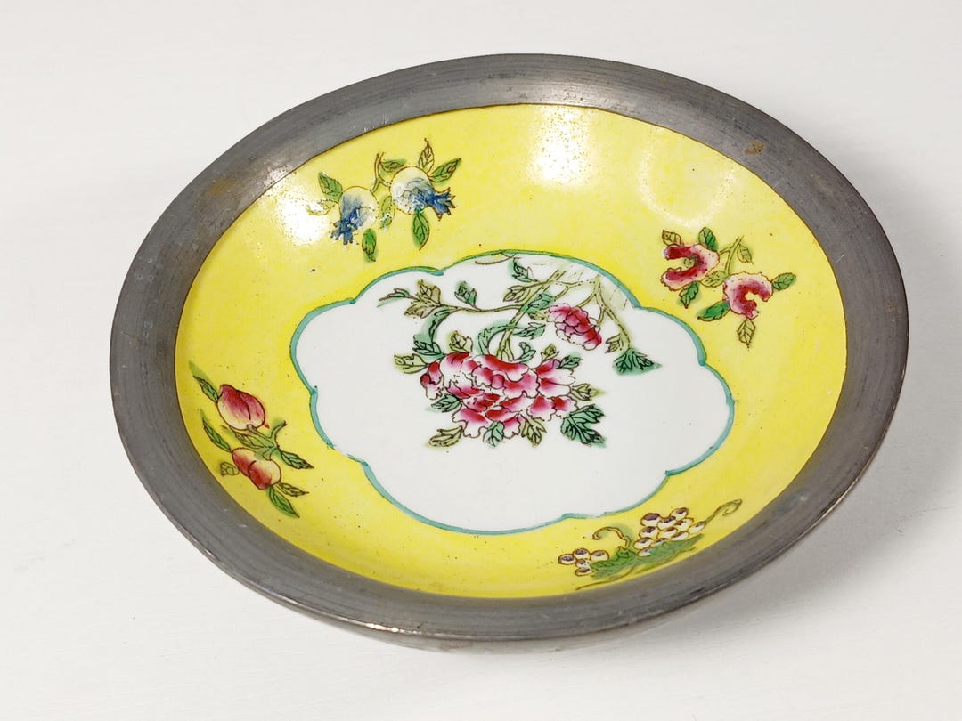 Vintage Canton Ware Porcelain Dish – Hand-painted Floral Design, Pewter ...