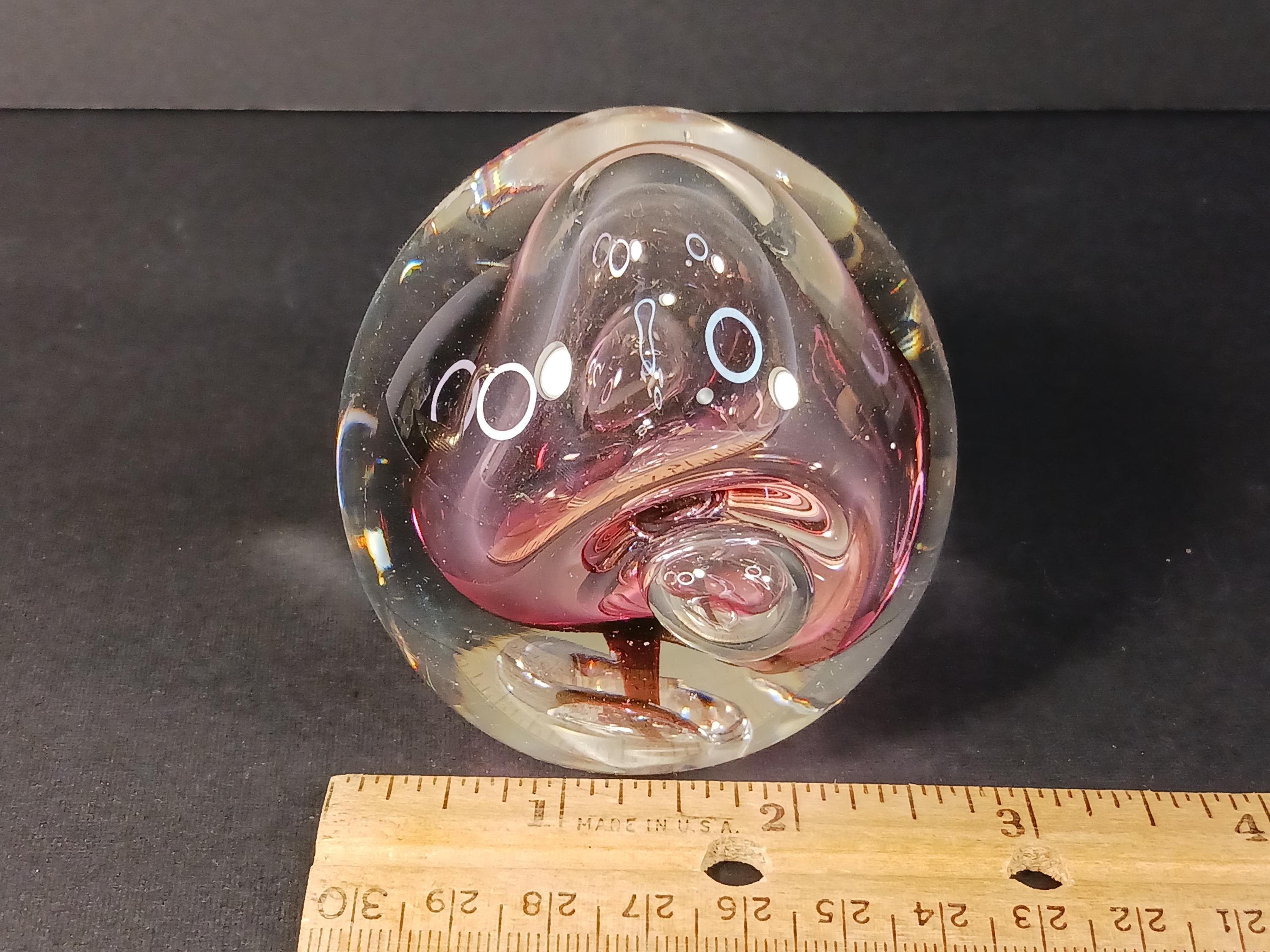 Rollin Karg Signed Art Glass Paperweight Pink Swirl Air Bubble Studio ...