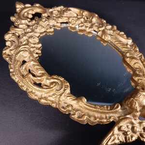Antique Hand Mirror Gilded Cast Iron Art Cherub Hand Mirror Gold Tone ...