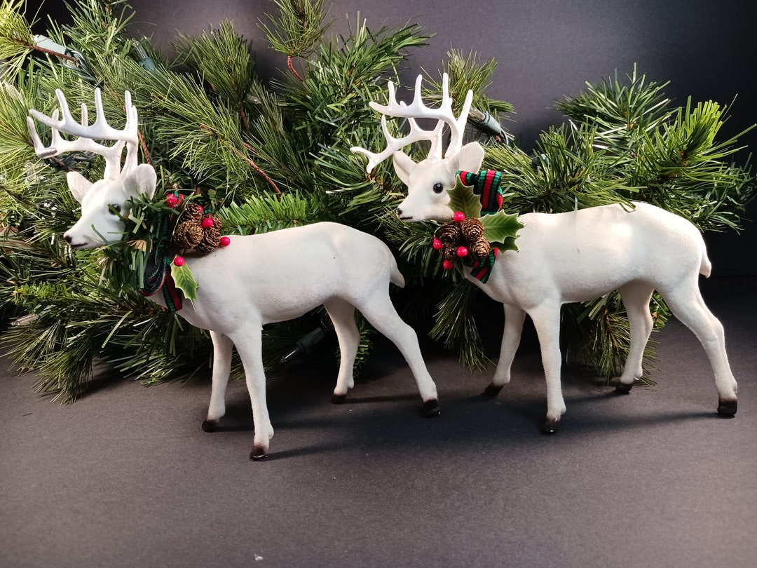 Vintage White Flocked Reindeer Figurines Festive Christmas Decor Retro ...