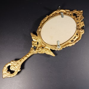 Antique Hand Mirror Gilded Cast Iron Art Cherub Hand Mirror Gold Tone ...