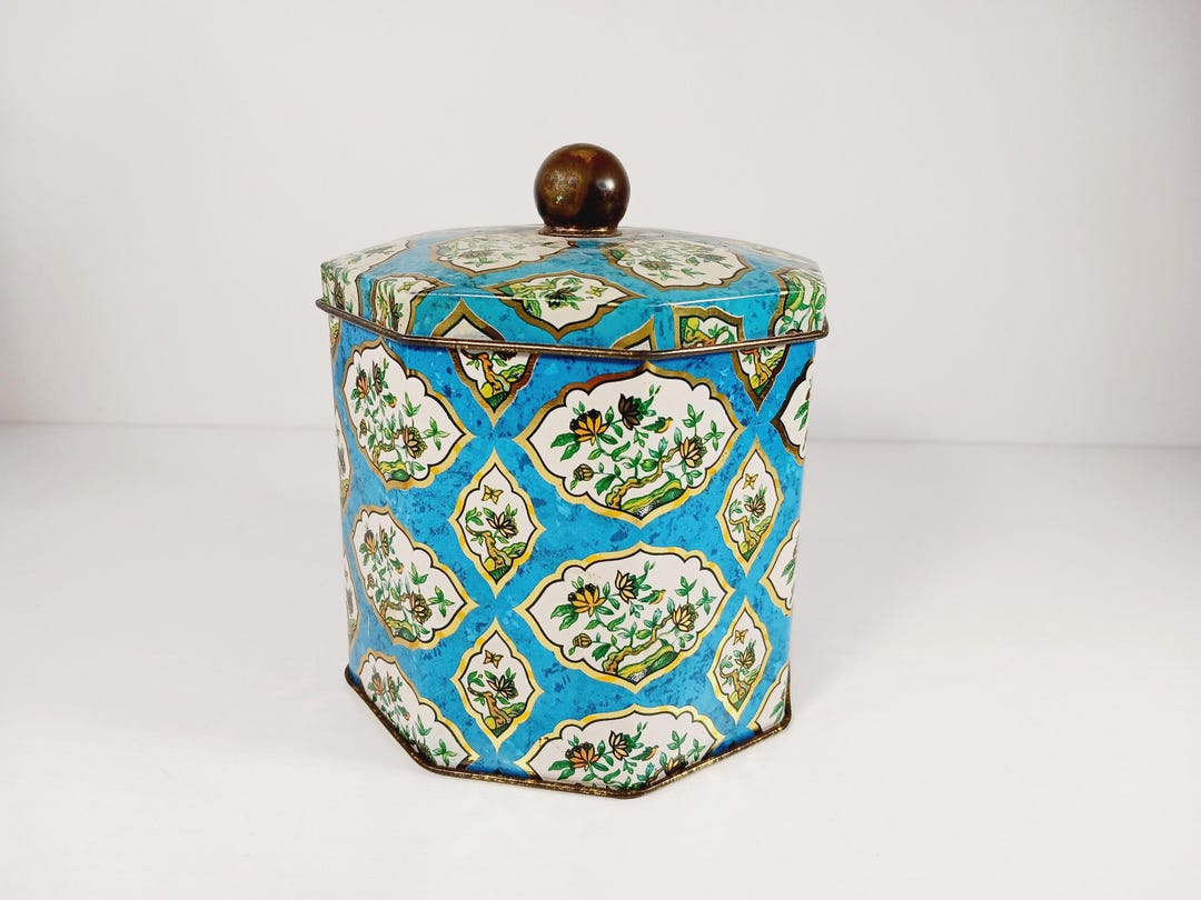 Octagon Blue Floral Metal Tea Tin -vintage Metal Catchall Tin- Metal ...