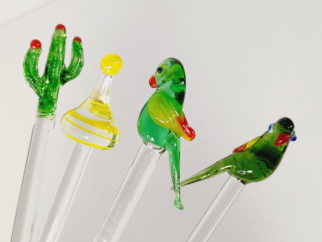 Art Glass Swizzle Sticks - Parrot, Cactus, Pawn - Handcrafted Cocktail ...