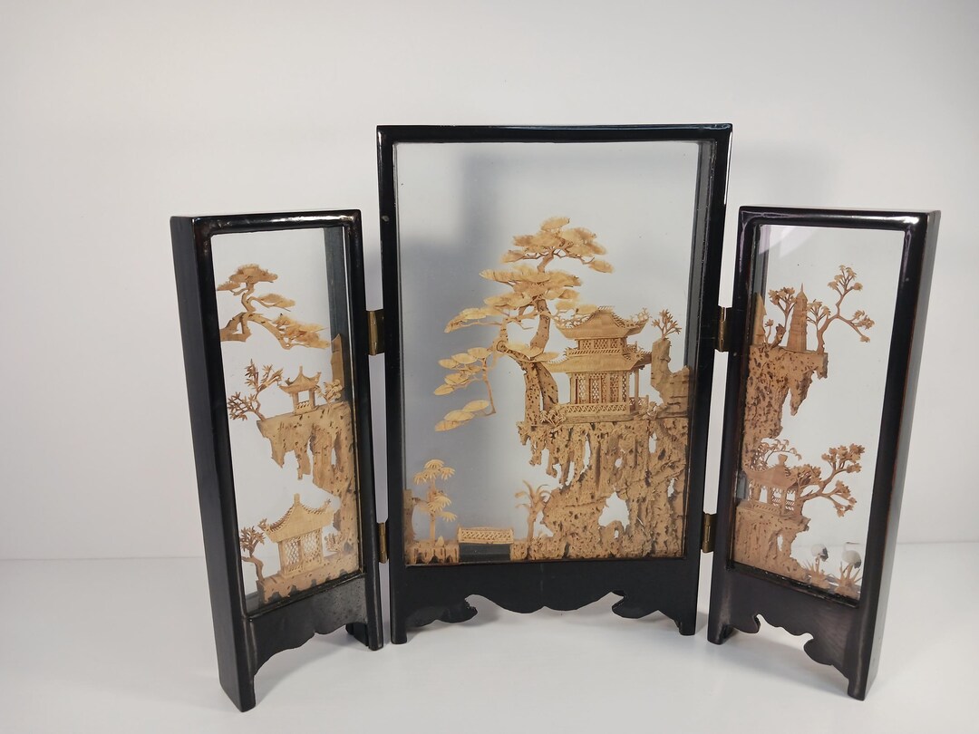 Vintage Cork Carving 3-panel Tabletop Screen, Black Lacquer, Japanese ...