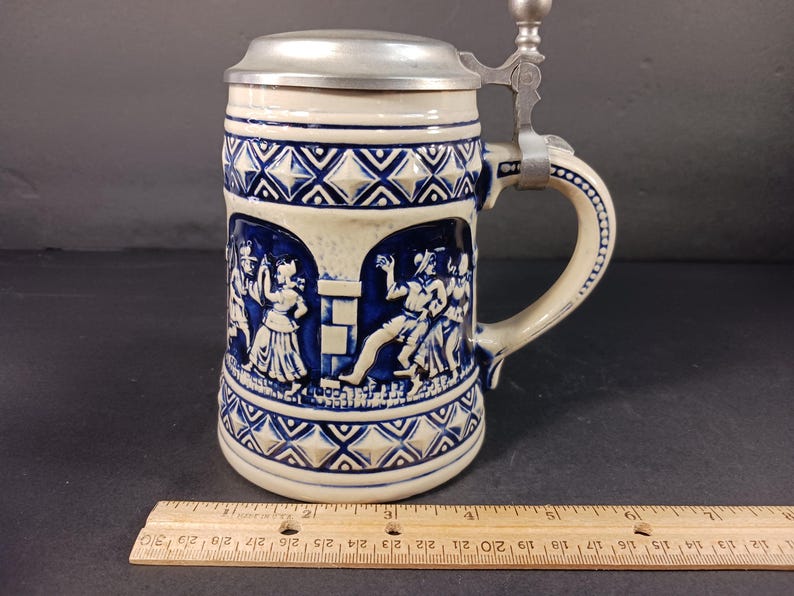 German Zinn Lidded Tankard Gray Background Blue Dancing Couples Raised ...