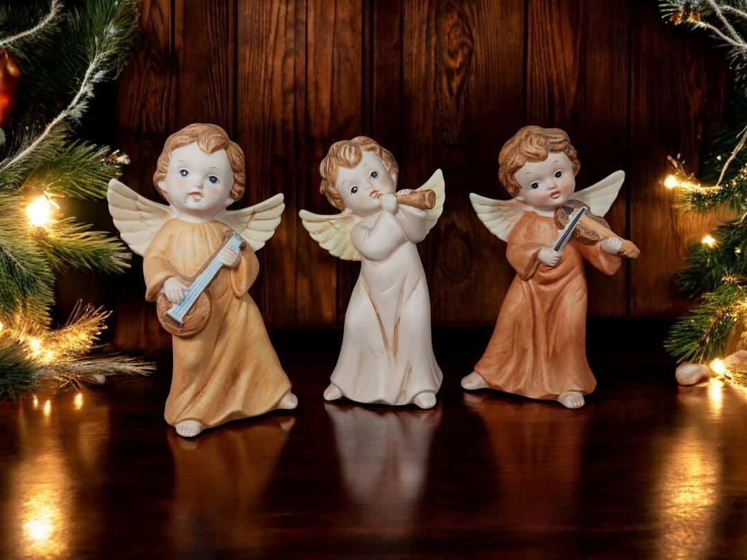Homco Angel Figurine Set of 3 Porcelain Bisque With Musical Instruments ...
