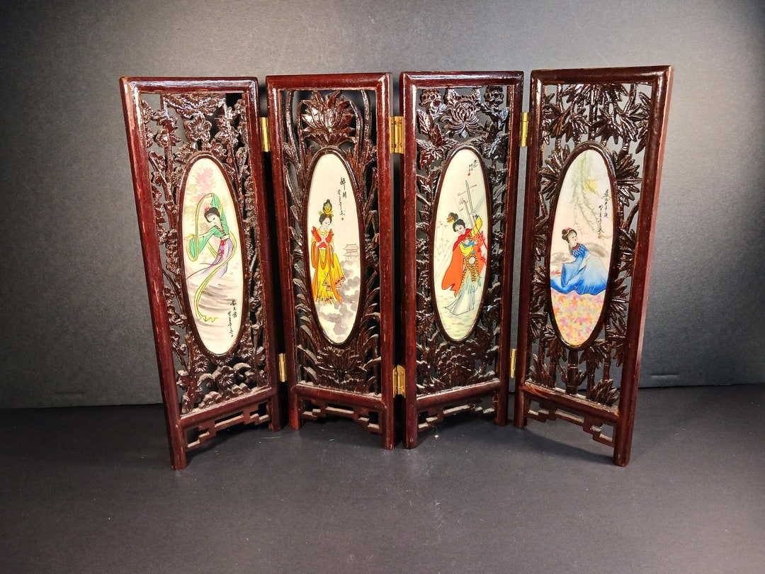 Vintage Japanese Miniature Double-sided 4-panel Table Screen - Etsy