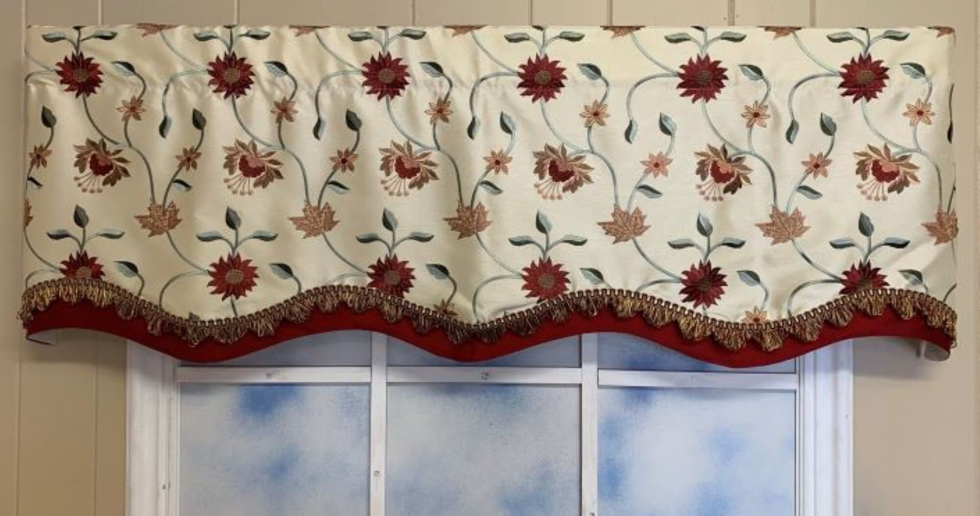 Custom Double Layer Scalloped Valance With Trim. Fabric Bloom Beige - Etsy